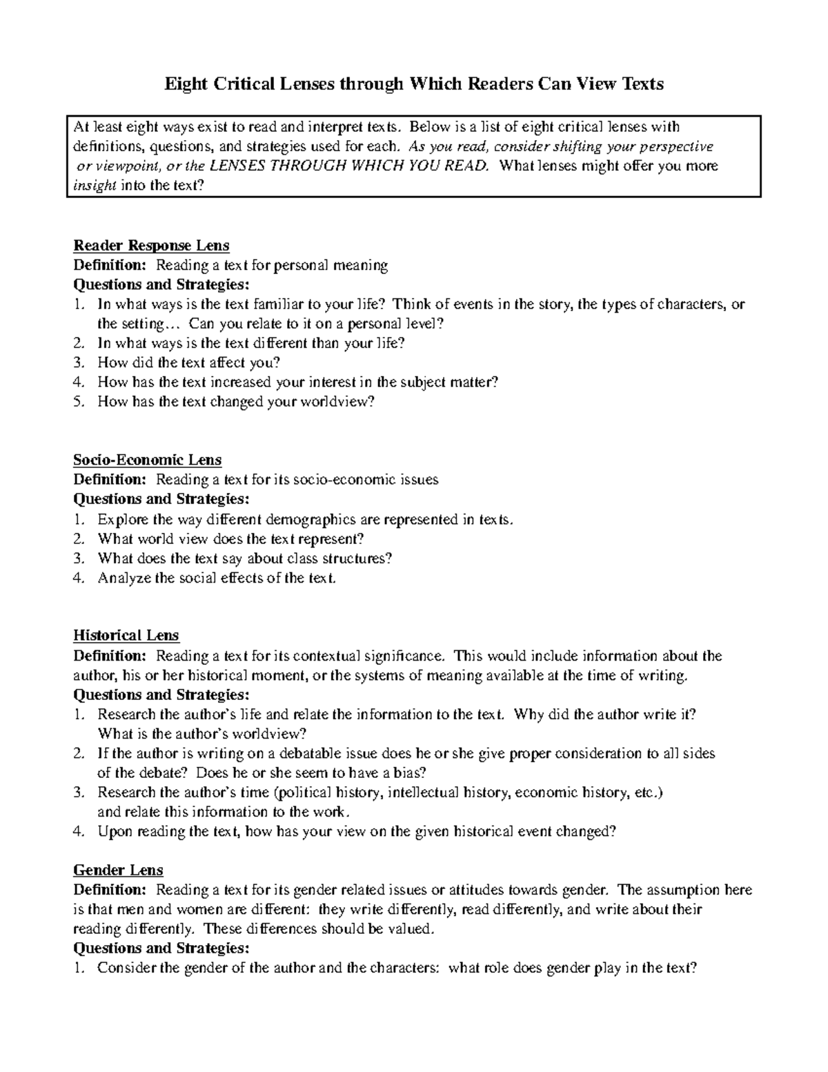 Critical Lenses for Text Analysis in ENG 398: Eight Perspectives - Studocu