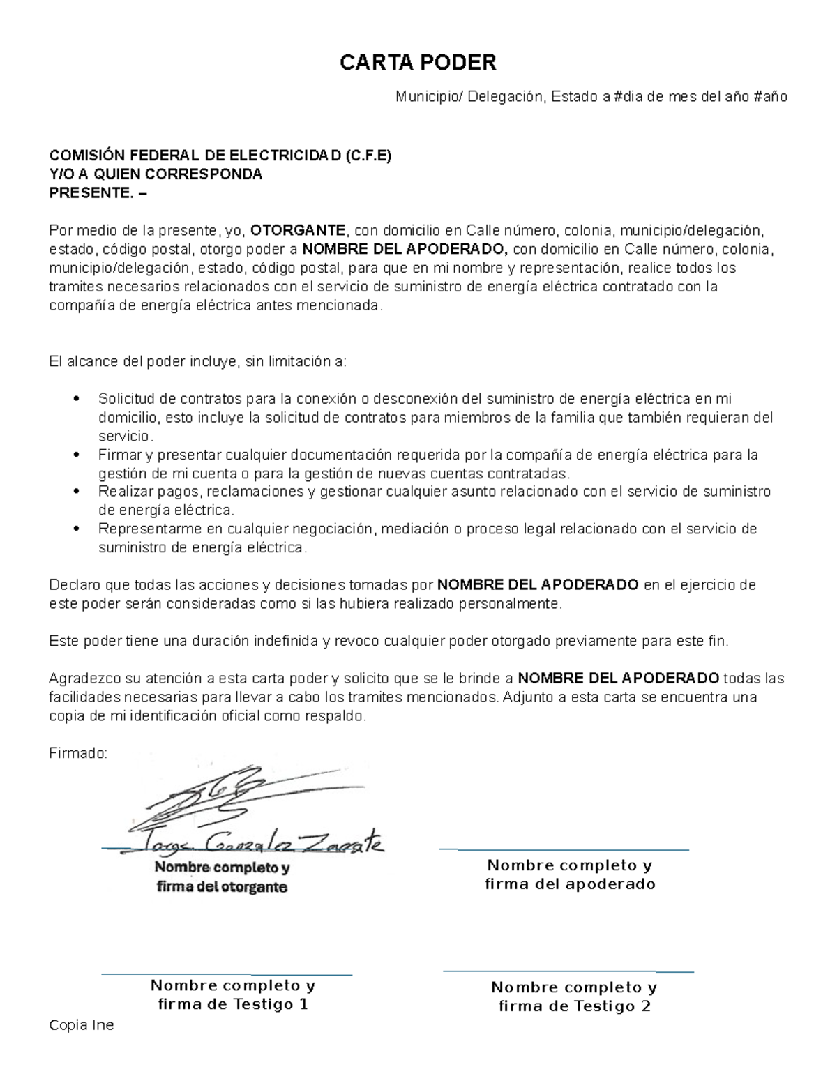 Carta Poder para la CFE - Documento Legal Autorización - Studocu