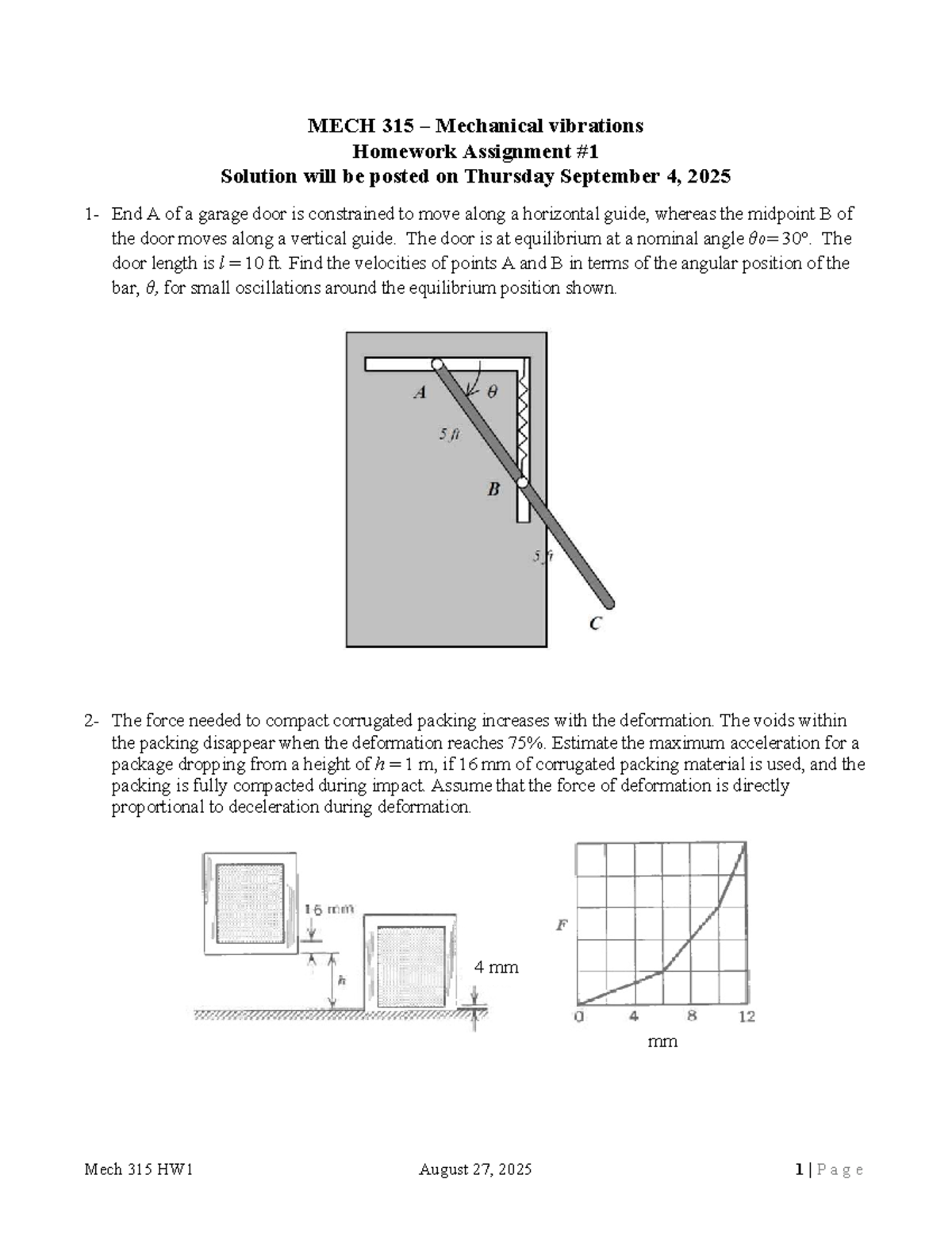 MECH 315 Fall 2025 Homework Assignment Solutions on Mechanical ...