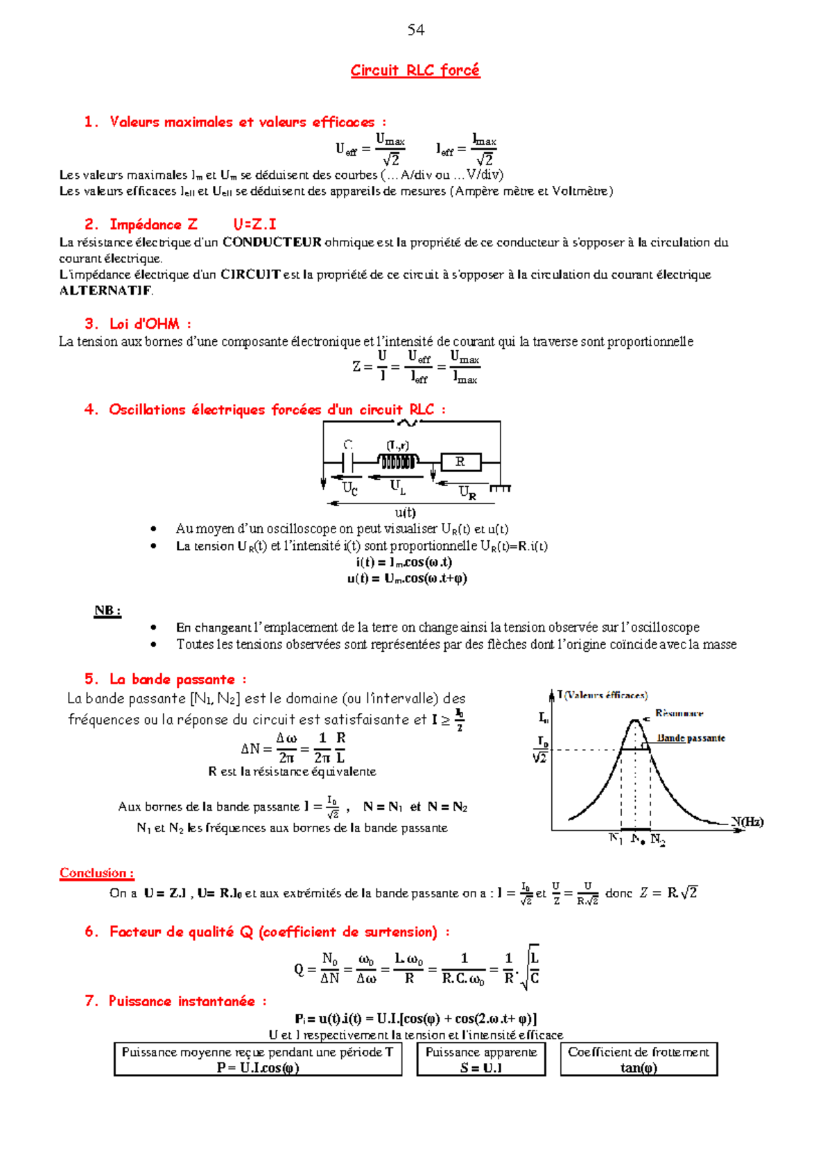 Résume rlc forcé - hi all to this courses - 54 Circuit RLC forcé ...