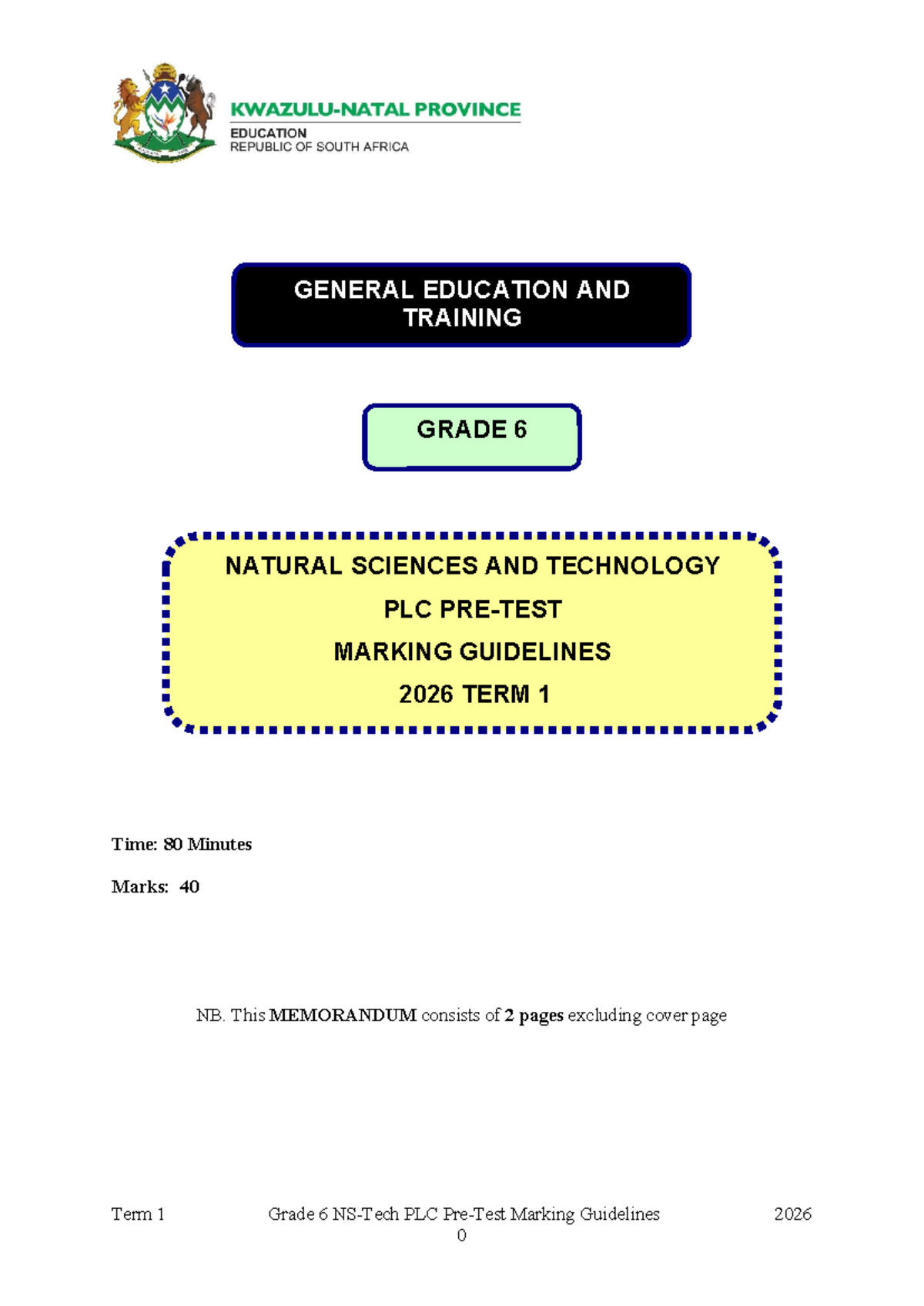 PLC Pre-Test NS-Tech Grade 6 Term 1 Marking Guidelines 2026 - Studocu