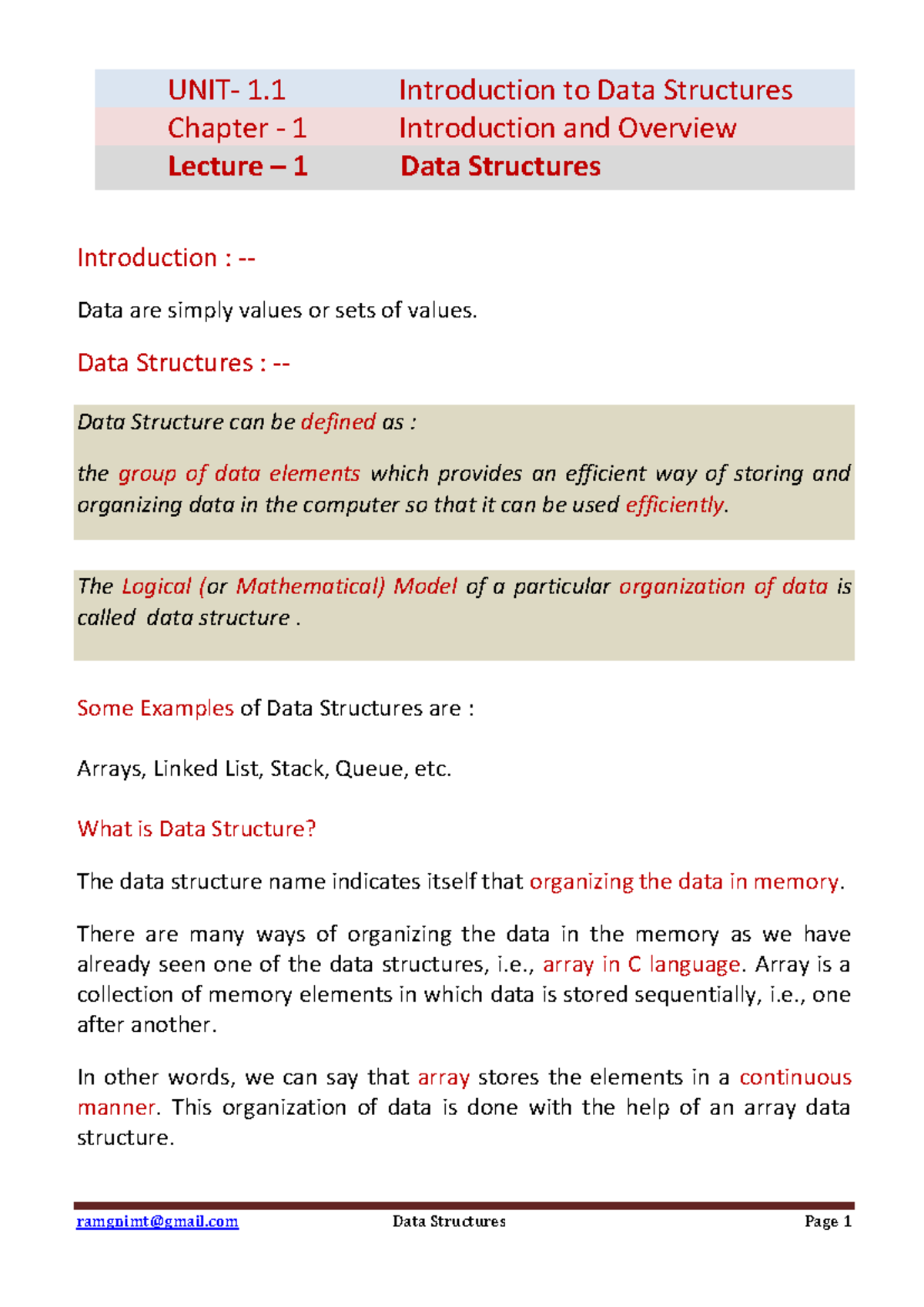 DS 1.1 Introduction to Data Structures: Overview and Basics - Studocu