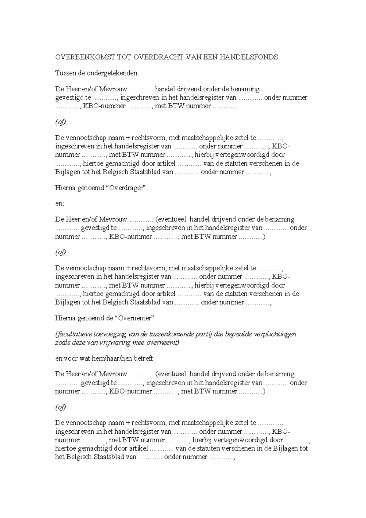 Overeenkomst tot Overdracht van een Handelsfonds - Juridische Aspecten ...