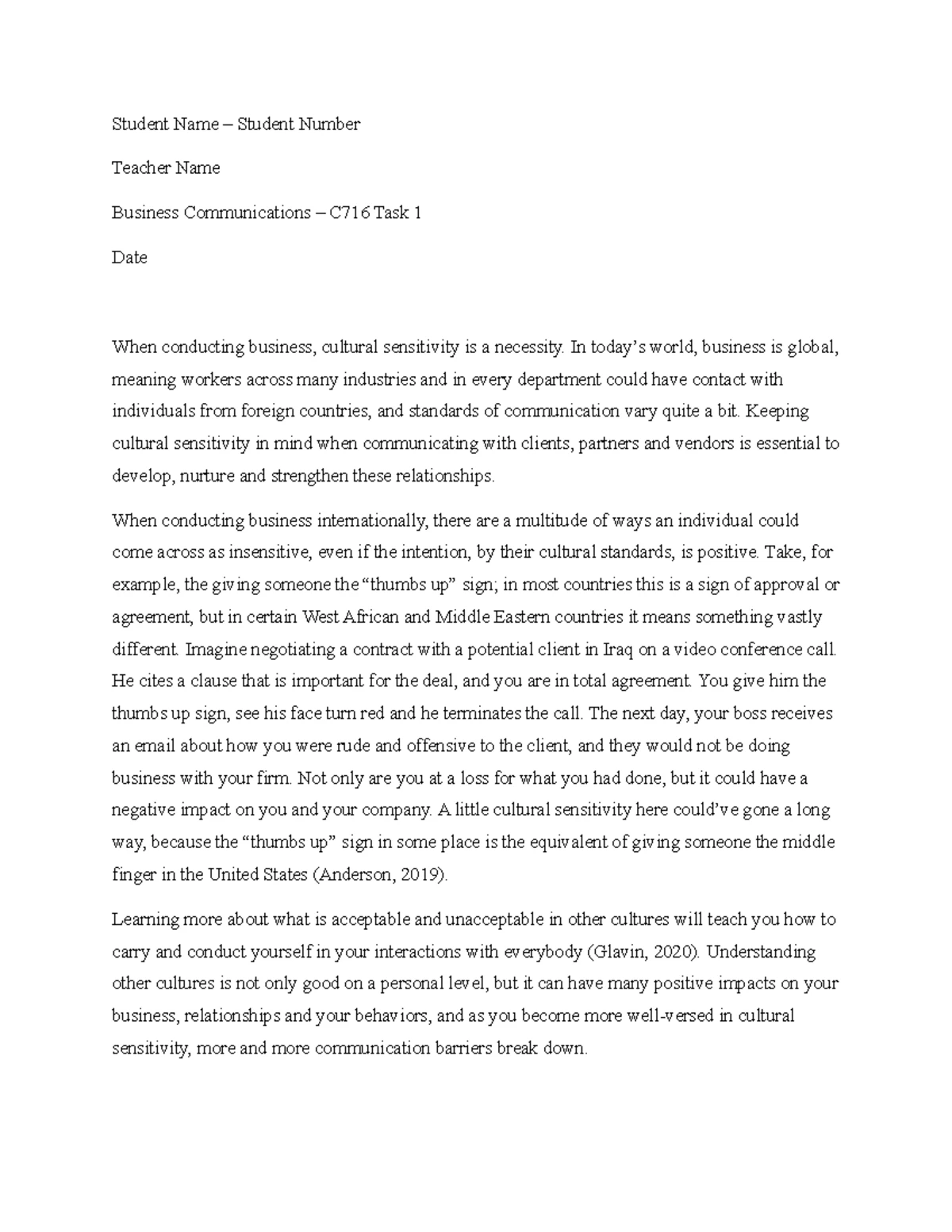 C716 Task 1 Cultural Sensitivity Essay - Business Communication, WGU C ...