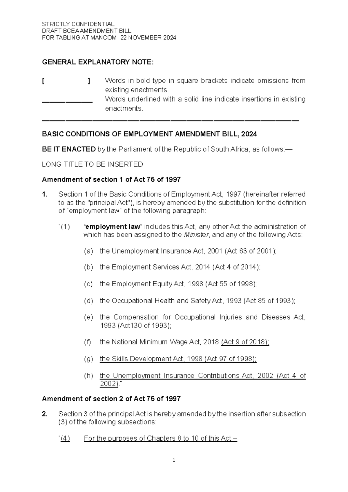 Draft BCEA Amendment Bill for Tabling at MANCOM - 22 Nov 2024 - Studocu