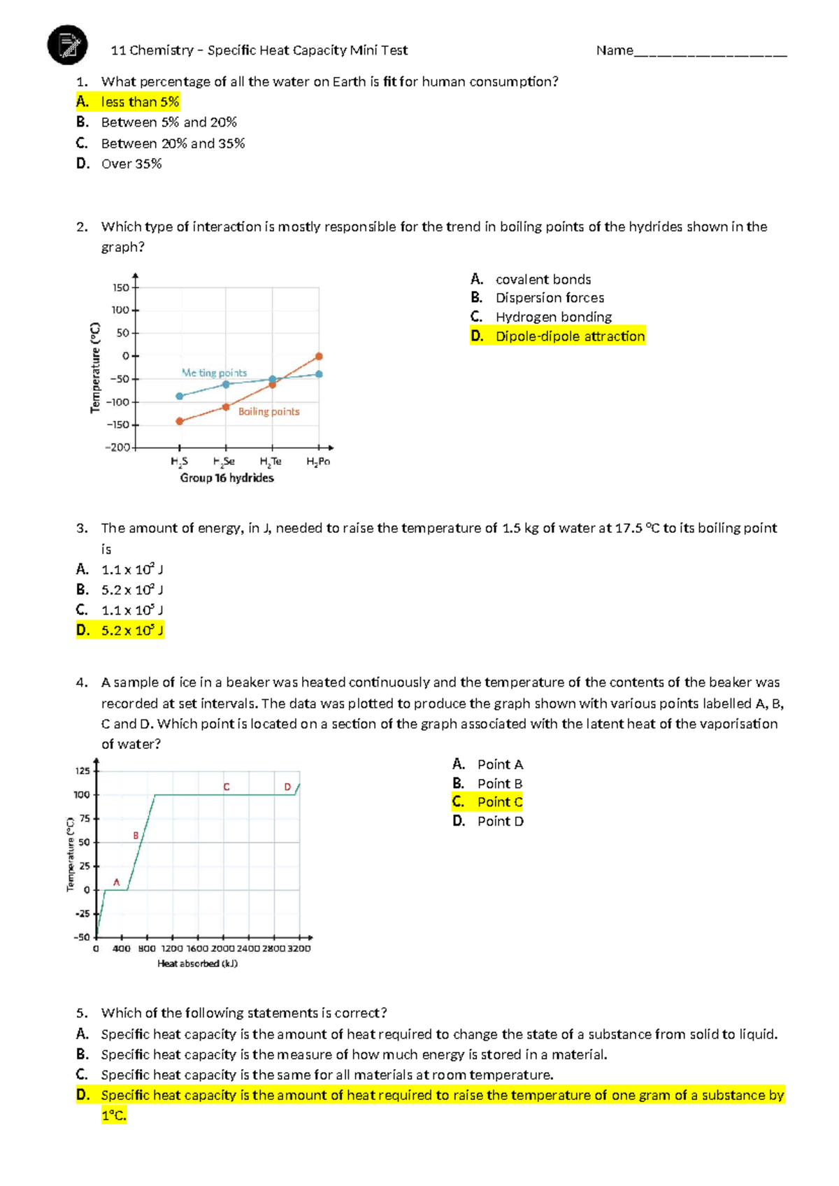 11 Chemistry Chapter 10 Specific Heat Capacity Mini Test Answers - Studocu