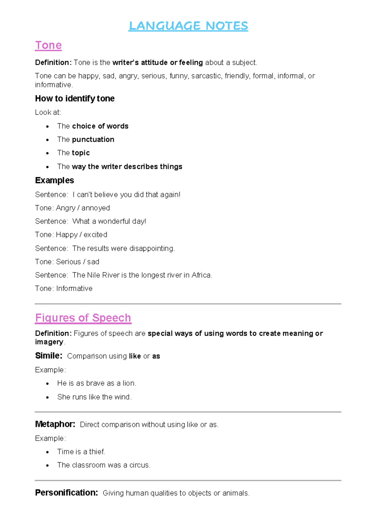 Gr8 Language Study Notes: Tone, Figures of Speech & Punctuation - Studocu