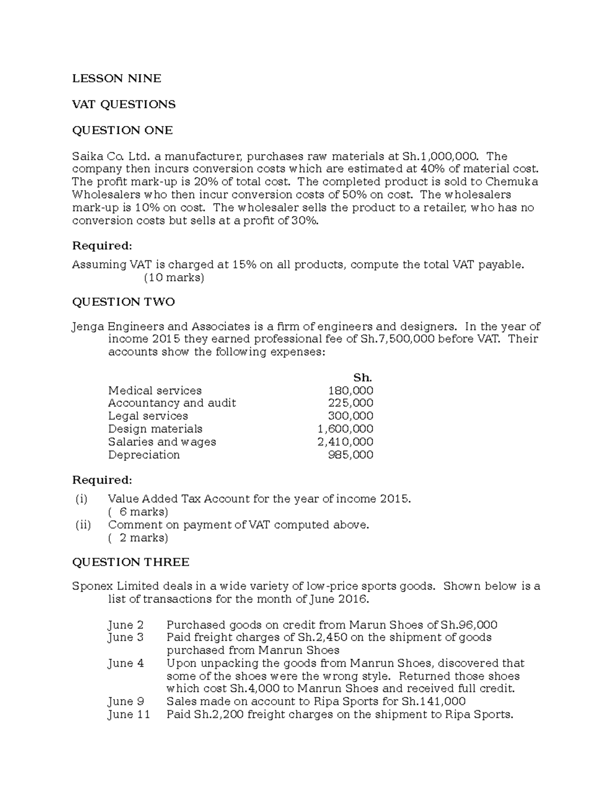 VAT Questions and Answers - LESSON NINE VAT QUESTIONS QUESTION ONE ...