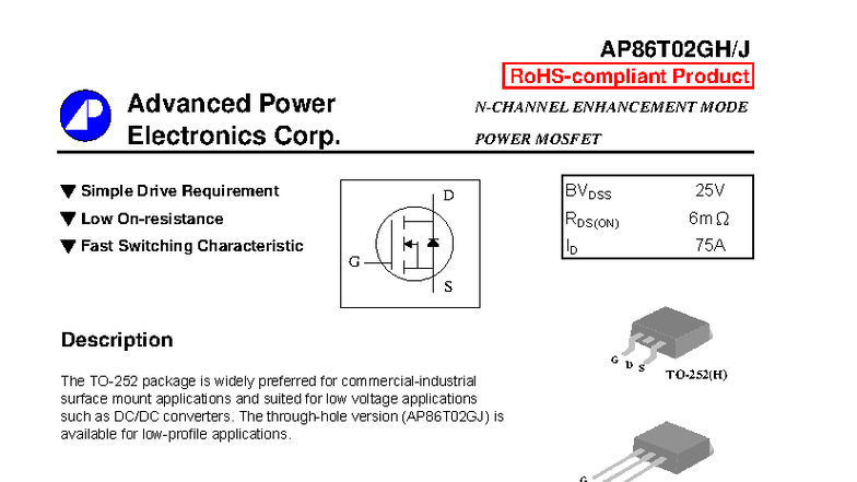 AP86T02GH: Enhancement Mode Power MOSFET Specifications and ...
