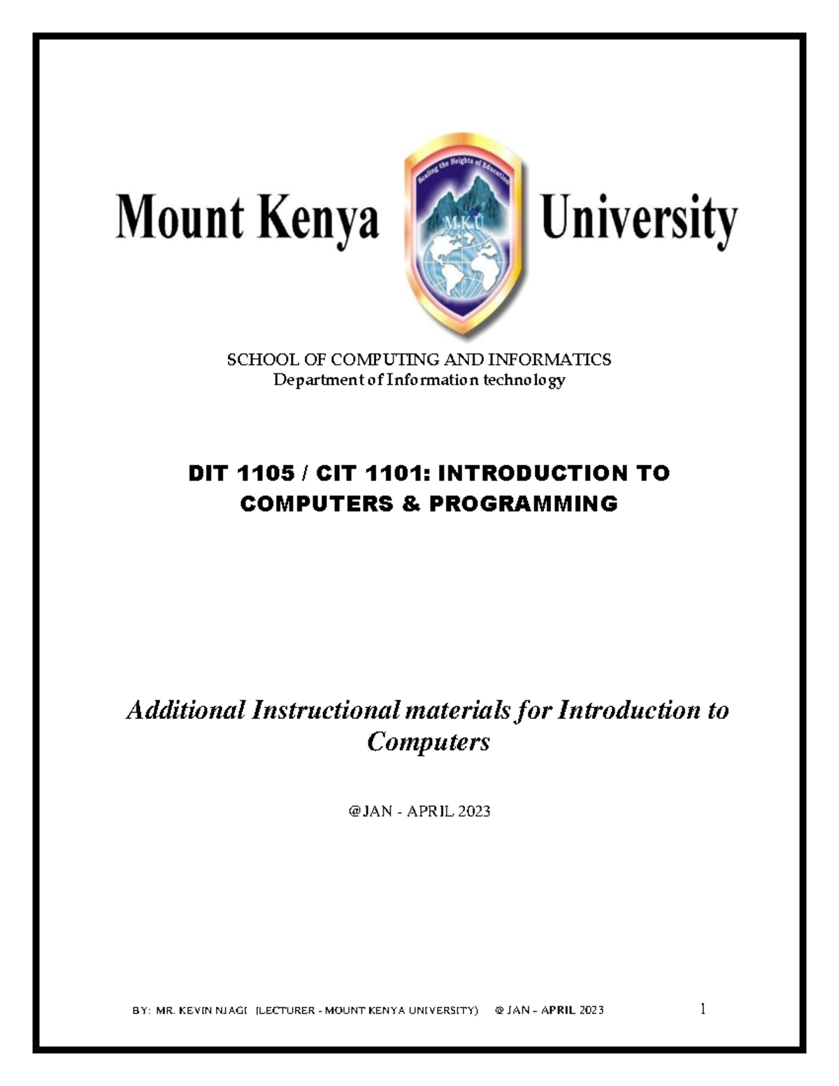 DIT 1105 / CIT 1101 Lesson 1: Intro to Computers Overview and Concepts - Studocu
