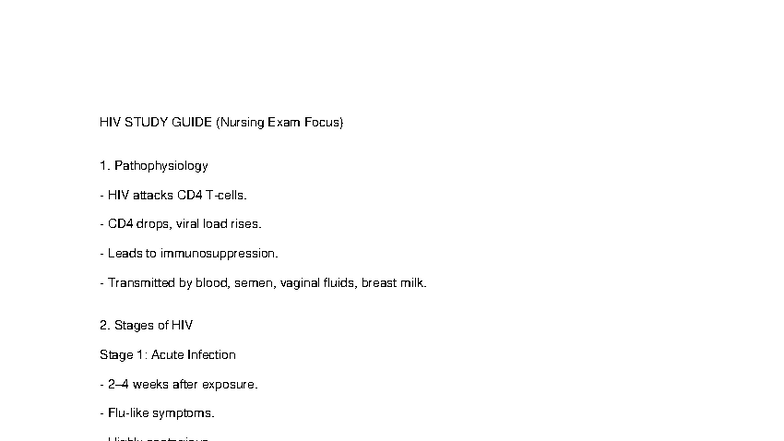HIV Study Guide for Nursing Exam: Key Concepts & Stages - Studocu