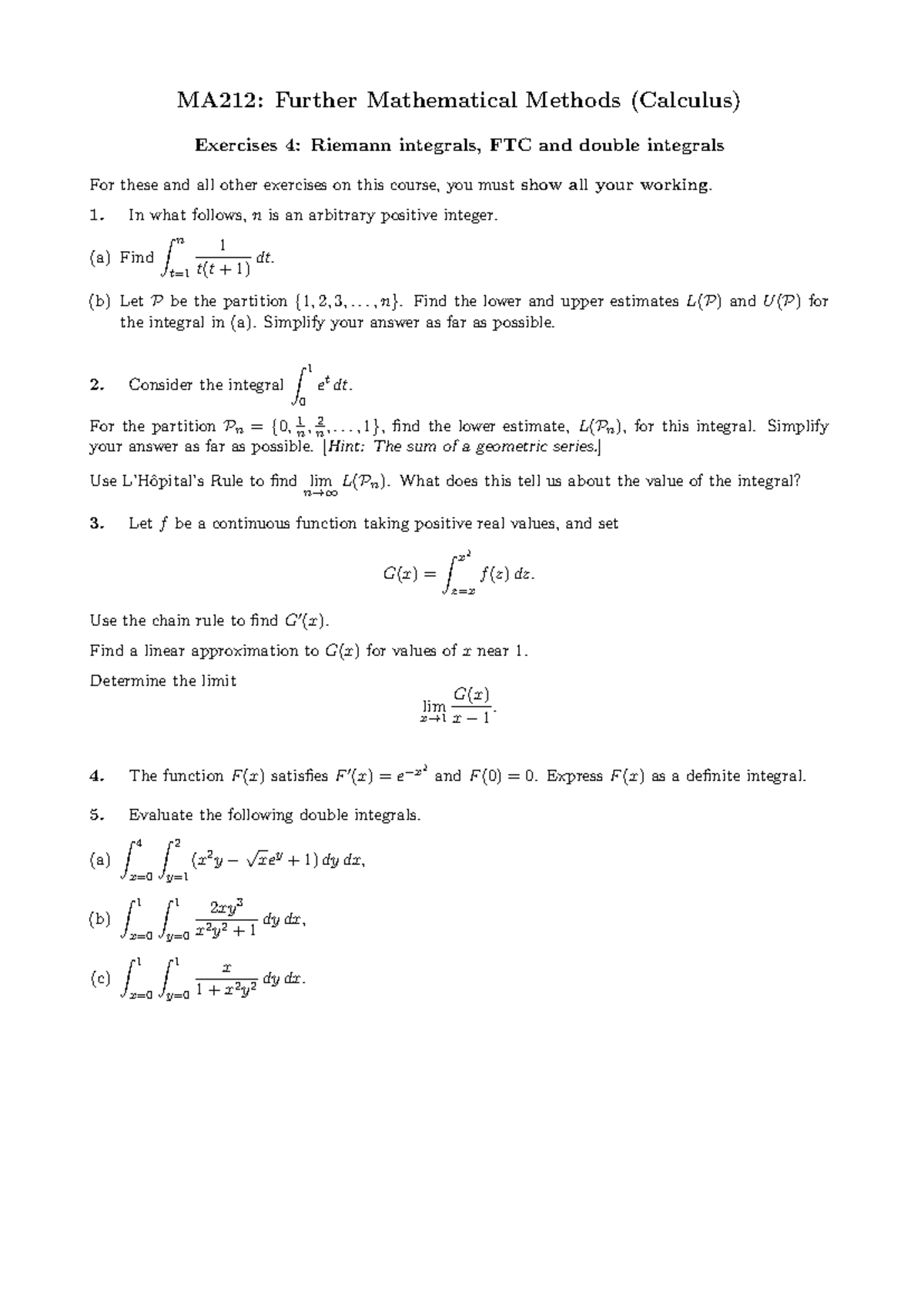 MA212: Calculus Exercises 4 - Riemann Integrals & FTC - Studocu