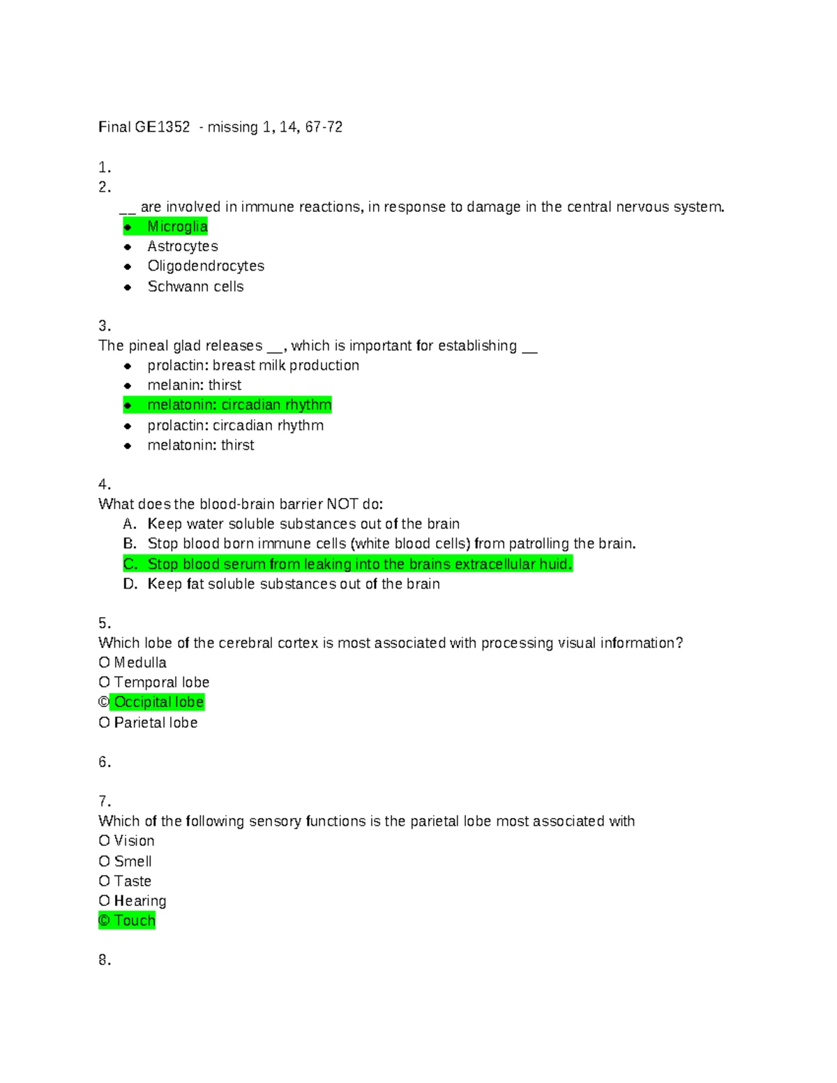 GE1352 Quiz 1 Study Guide: Key Concepts and Neural Functions - Studocu