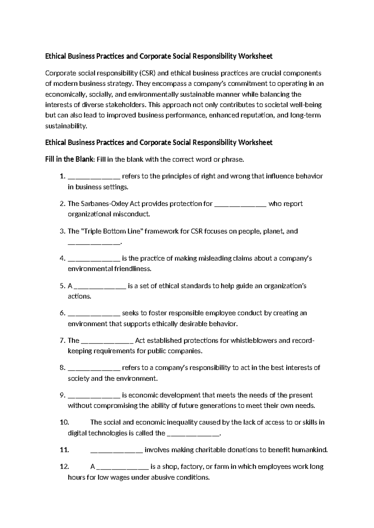 Ethical Business Practices & CSR: Worksheet for Exam Prep - Studocu