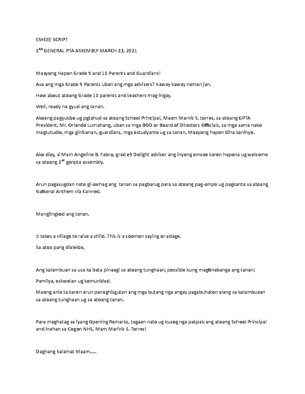 Emcee Script for every meeting done in the school - EMCEE SCRIPT 2 ND ...