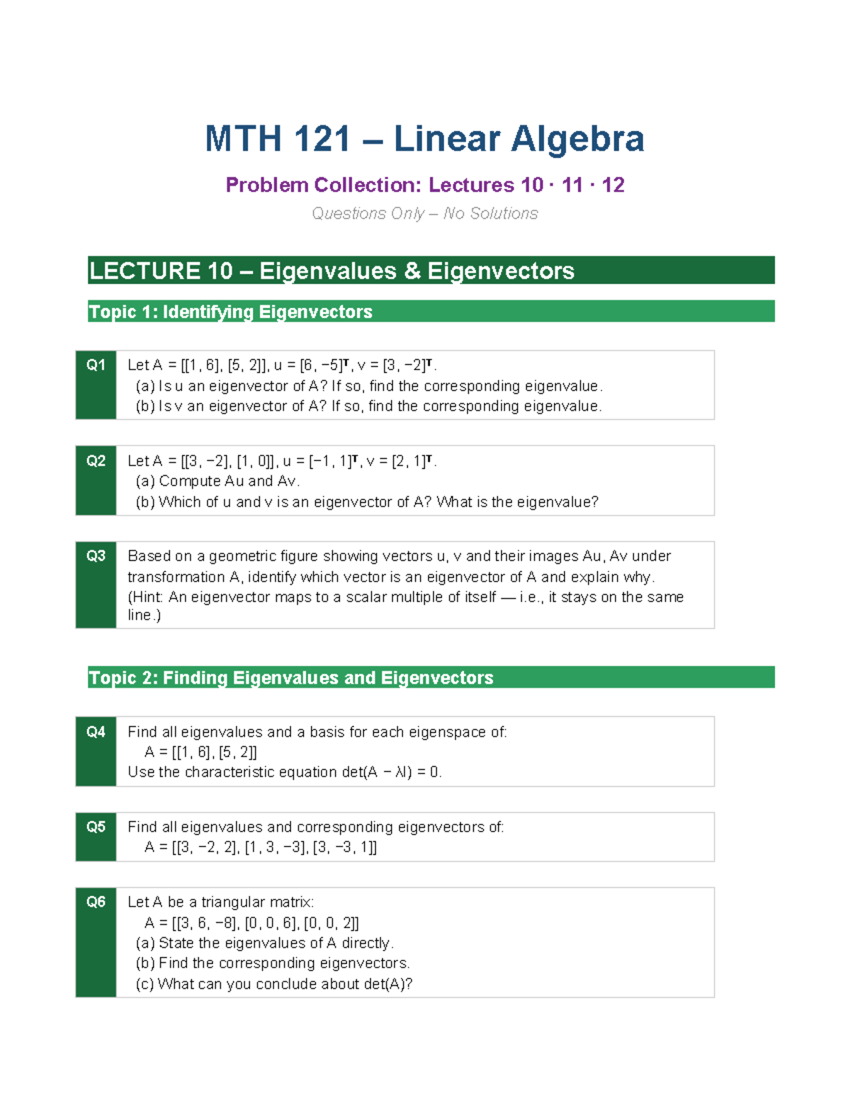 MTH 121 Linear Algebra: Eigenvalues, Eigenspaces & Projections Problems ...
