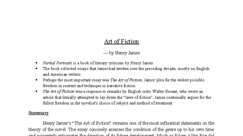 Art of Fiction (ENG 101) - Henry James' Literary Critique - Studocu