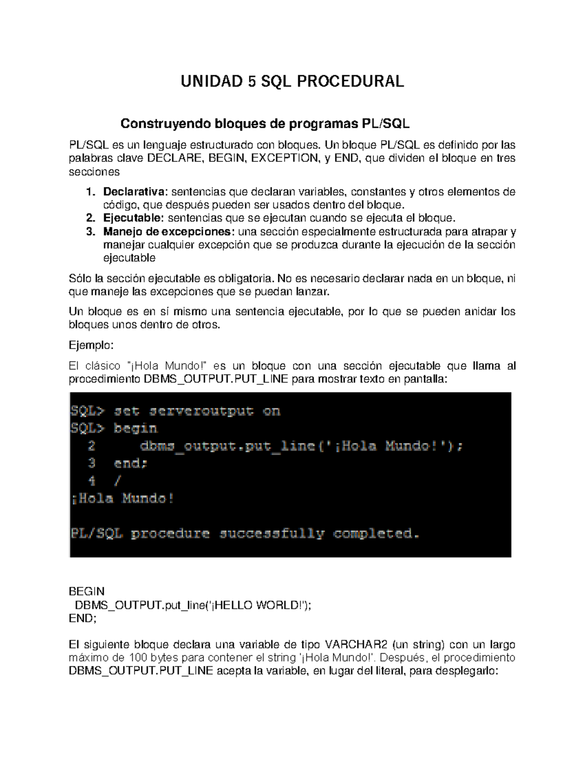 Resumen Unidad 5: Programación SQL Procedural PL/SQL - Studocu