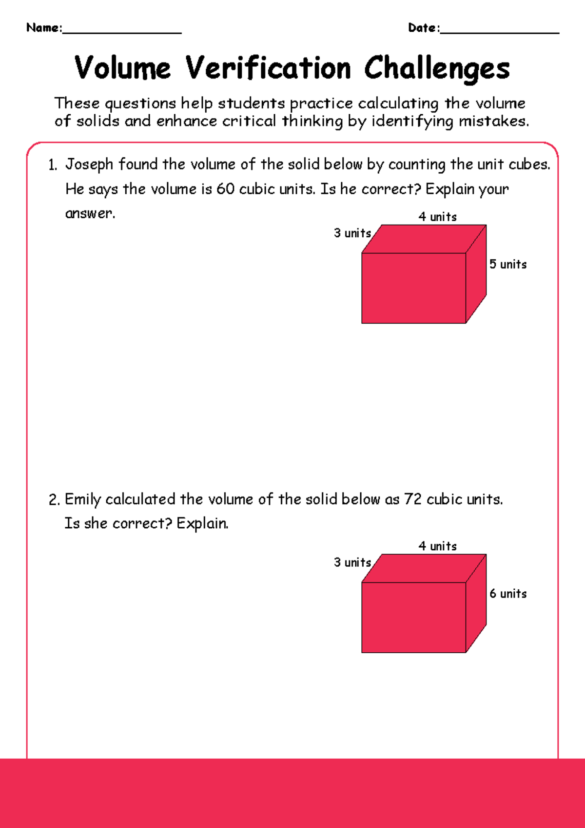 Volume Calculation and Verification - 5th Grade Worksheet - Name: Date ...