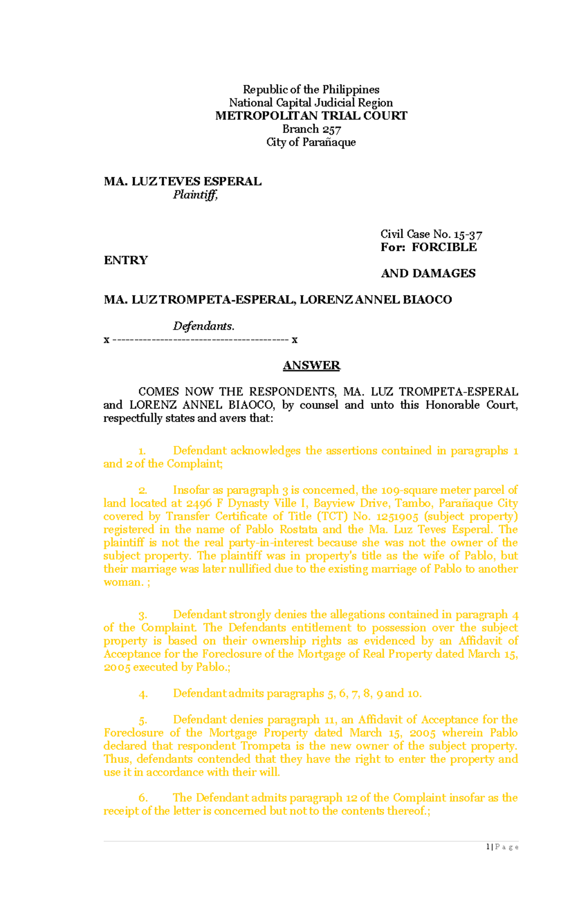 Forcible Entry Case Assignment - Response from Defendants Case No. 15 ...