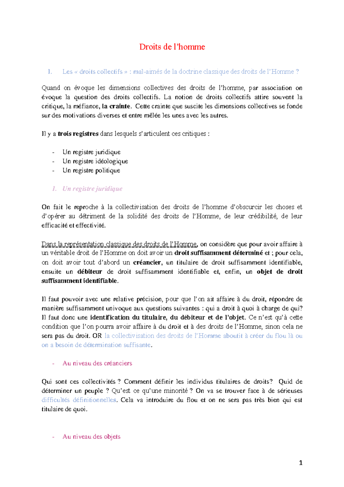 Analyse des Droits Collectifs en Droit de l'Homme - Cours 2023 - Studocu