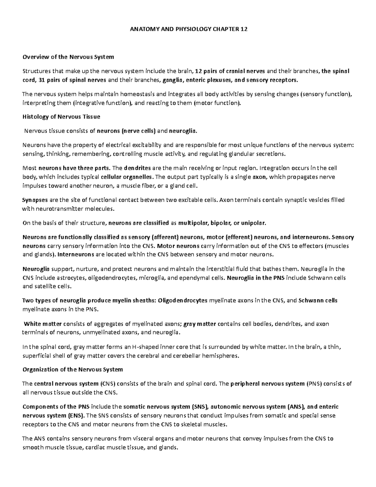 BIOL 2401-Chapter 12 - chapter 12 - ANATOMY AND PHYSIOLOGY CHAPTER 12 ...