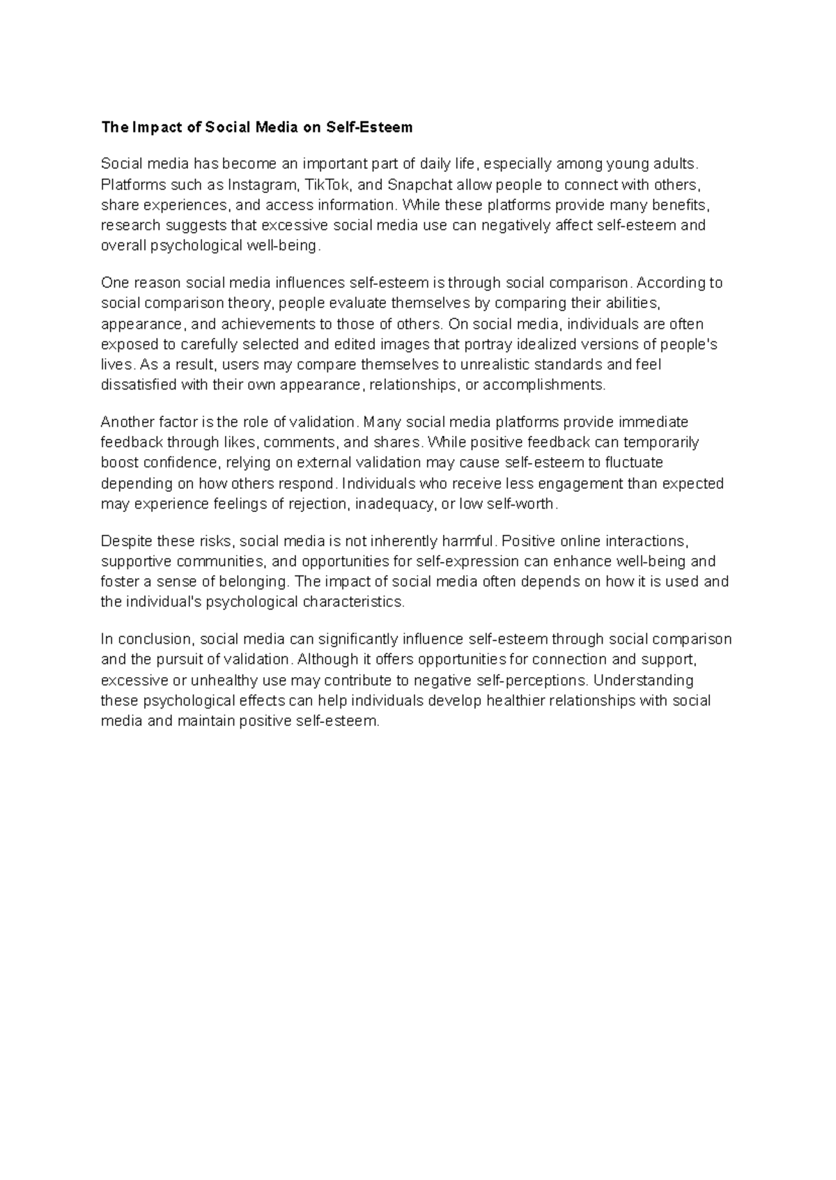 The Impact of Social Media on Self-Esteem: A Study - Studocu