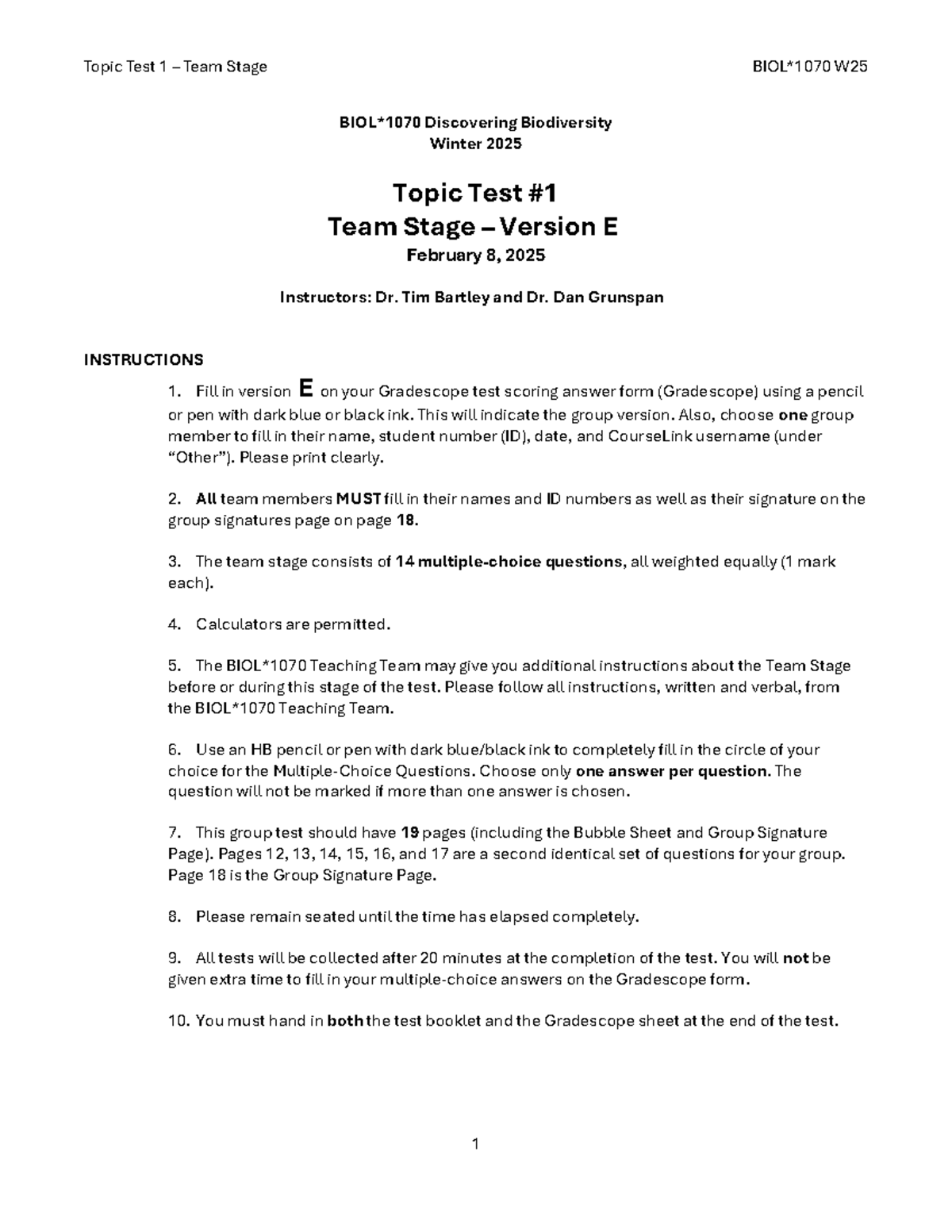 Team Stage - Topic Test 1 - BIOL 1070 W25 with Answers - BIOL*1070 ...