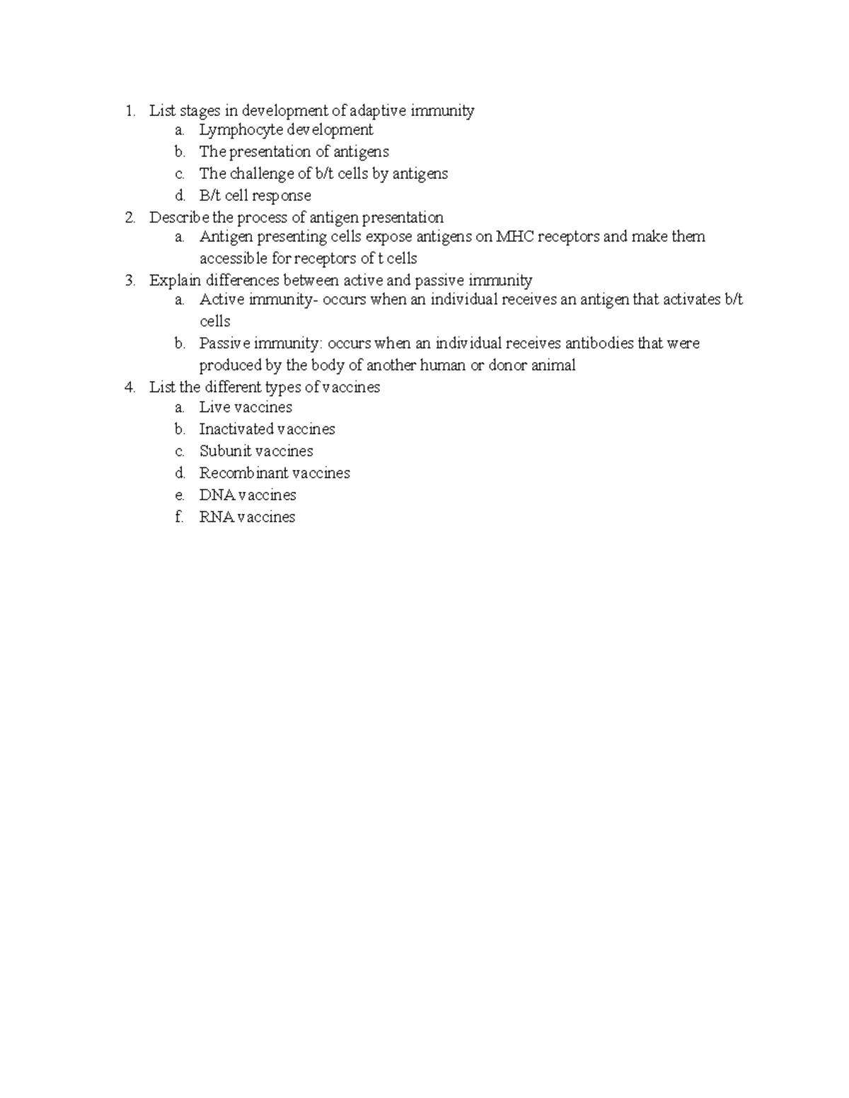 Adaptive Immunity Practice Questions - List stages in development of ...
