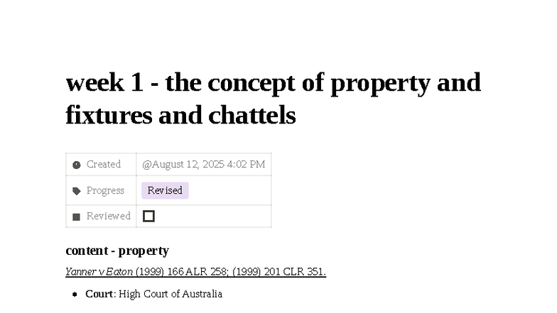 Week 1: Understanding Property, Fixtures, and Chattels in Law - Studocu
