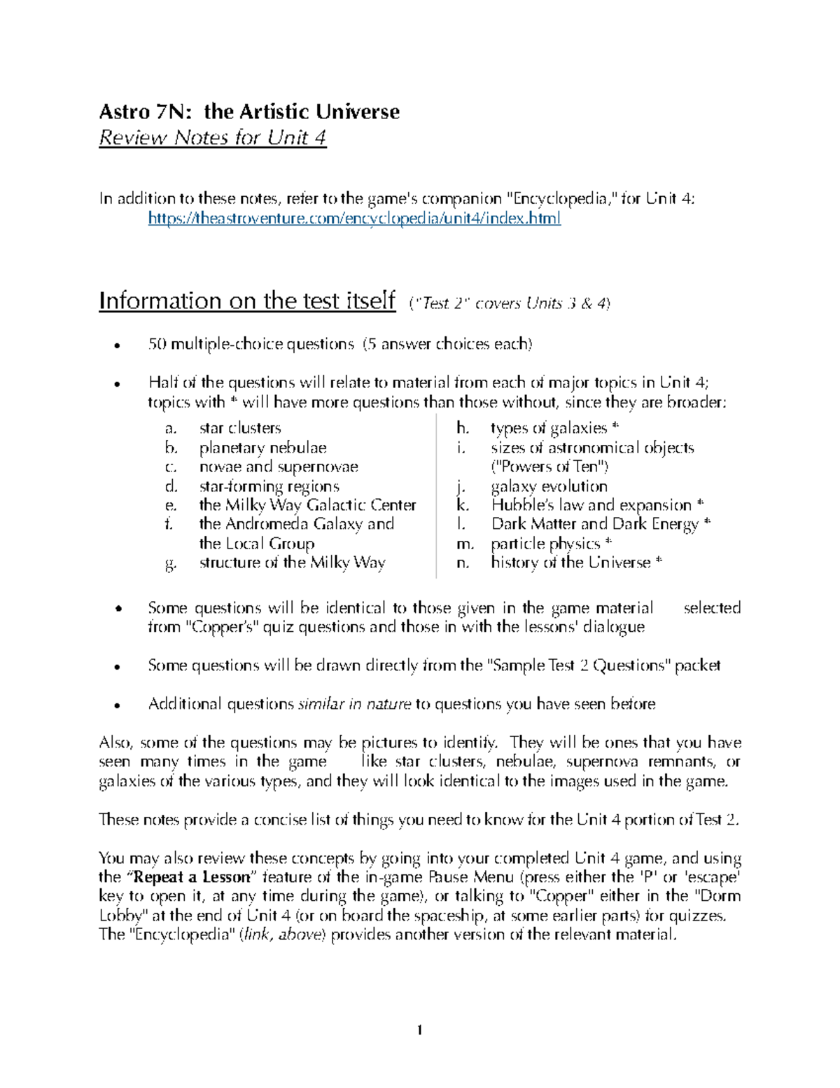 Astro-7N Unit 4 Review Notes for Test 2: Key Concepts and Topics ...