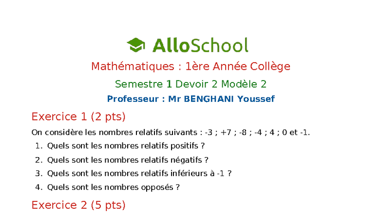 Math 1AC Semestre 1 Devoir 2 Modèle 2 - Exercice et Solutions - Studocu
