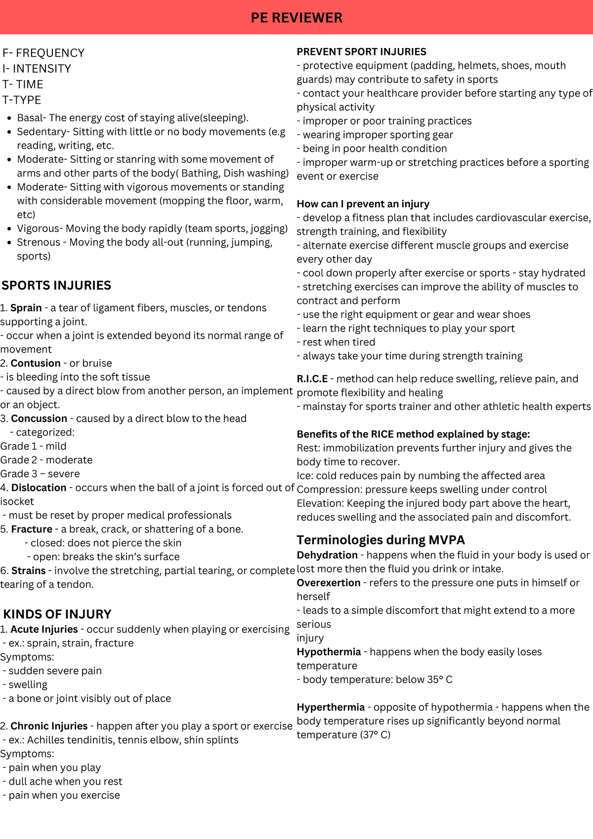 PE- Reviewer-1 GRADE 11 FINALS - PE REVIEWER F- FREQUENCY I- INTENSITY ...