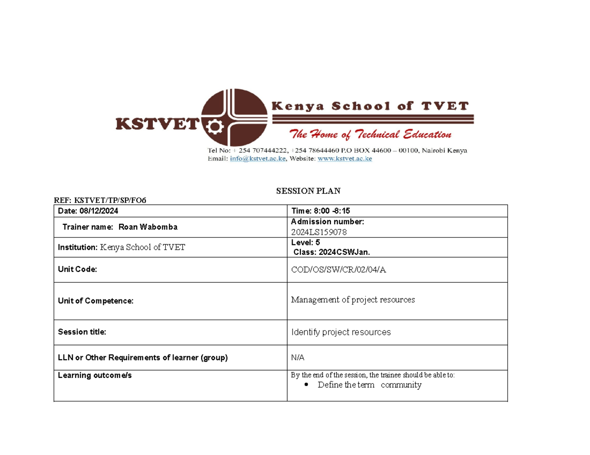 Roan Learning plan and Session plan - SESSION PLAN REF: KSTVET/TP/SP/FO ...