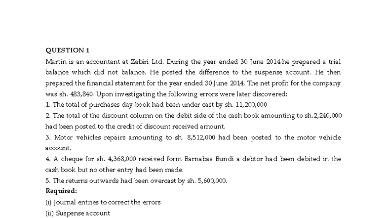 Exercises on Errors & Suspense Account - ACC 101 - Studocu