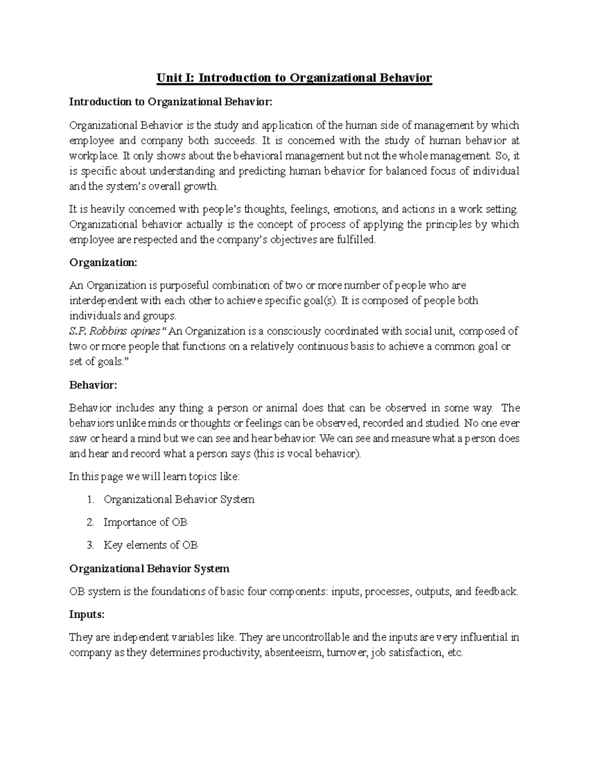 Unit I: Intro to Organizational Behavior - Key Concepts and Analysis ...