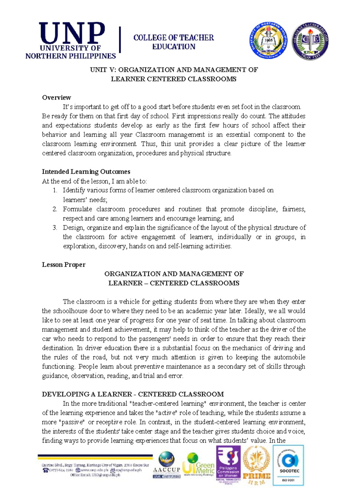 Ed-4-Report: Organization & Management of Learner-Centered Classrooms - Studocu