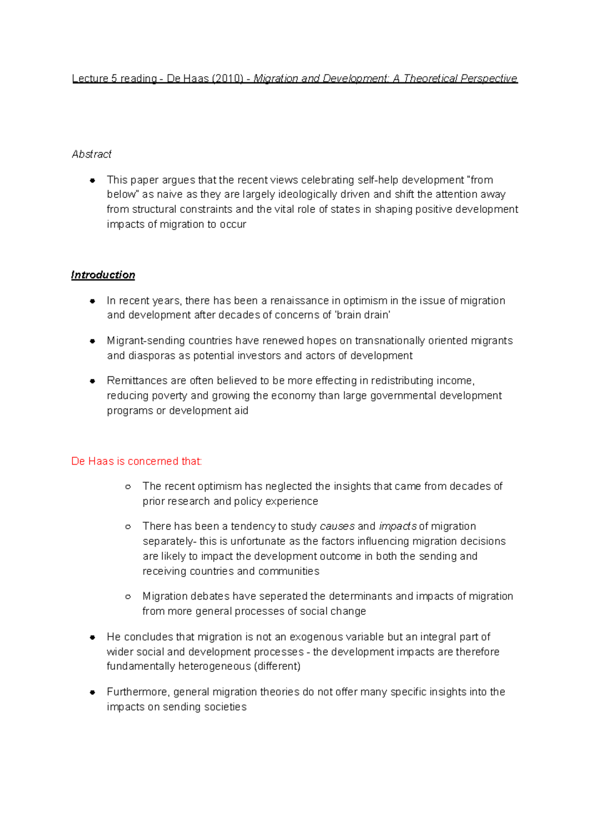 Lecture 5 reading: De Haas (2010 ) - Migration and Development A ...