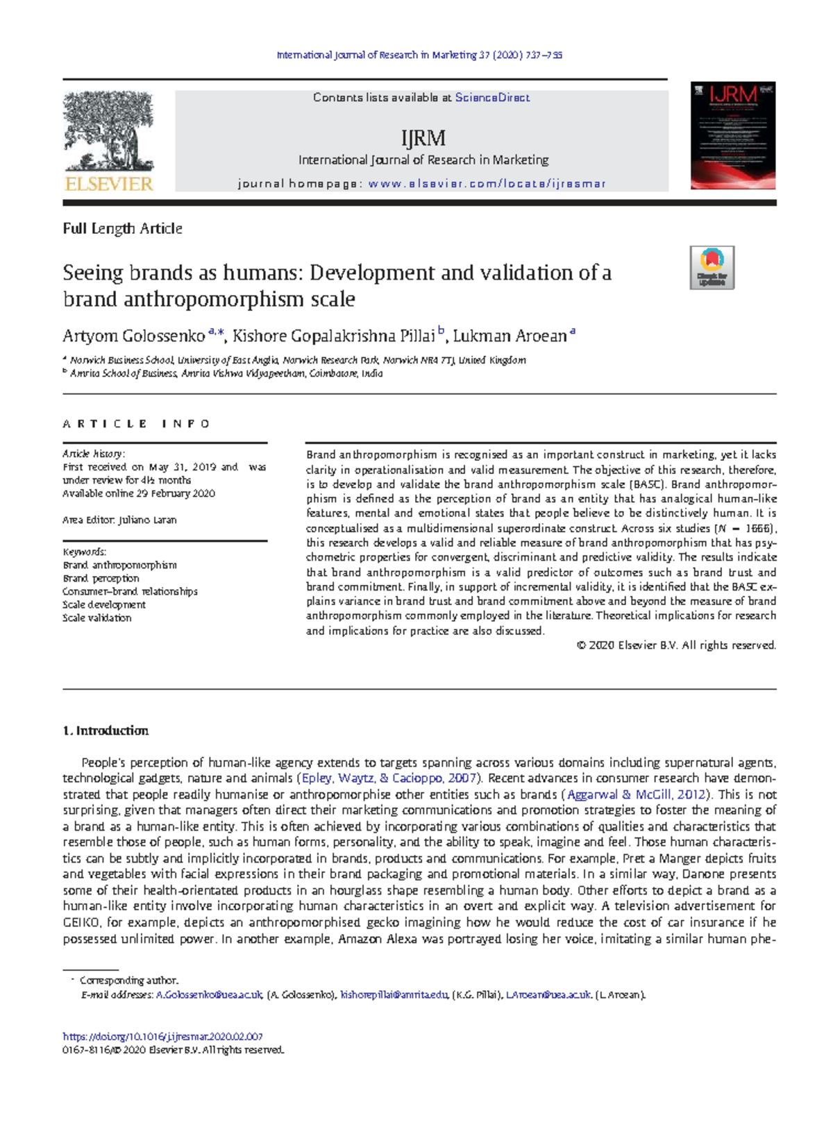 Development and Validation of the Brand Anthropomorphism Scale (BASC ...