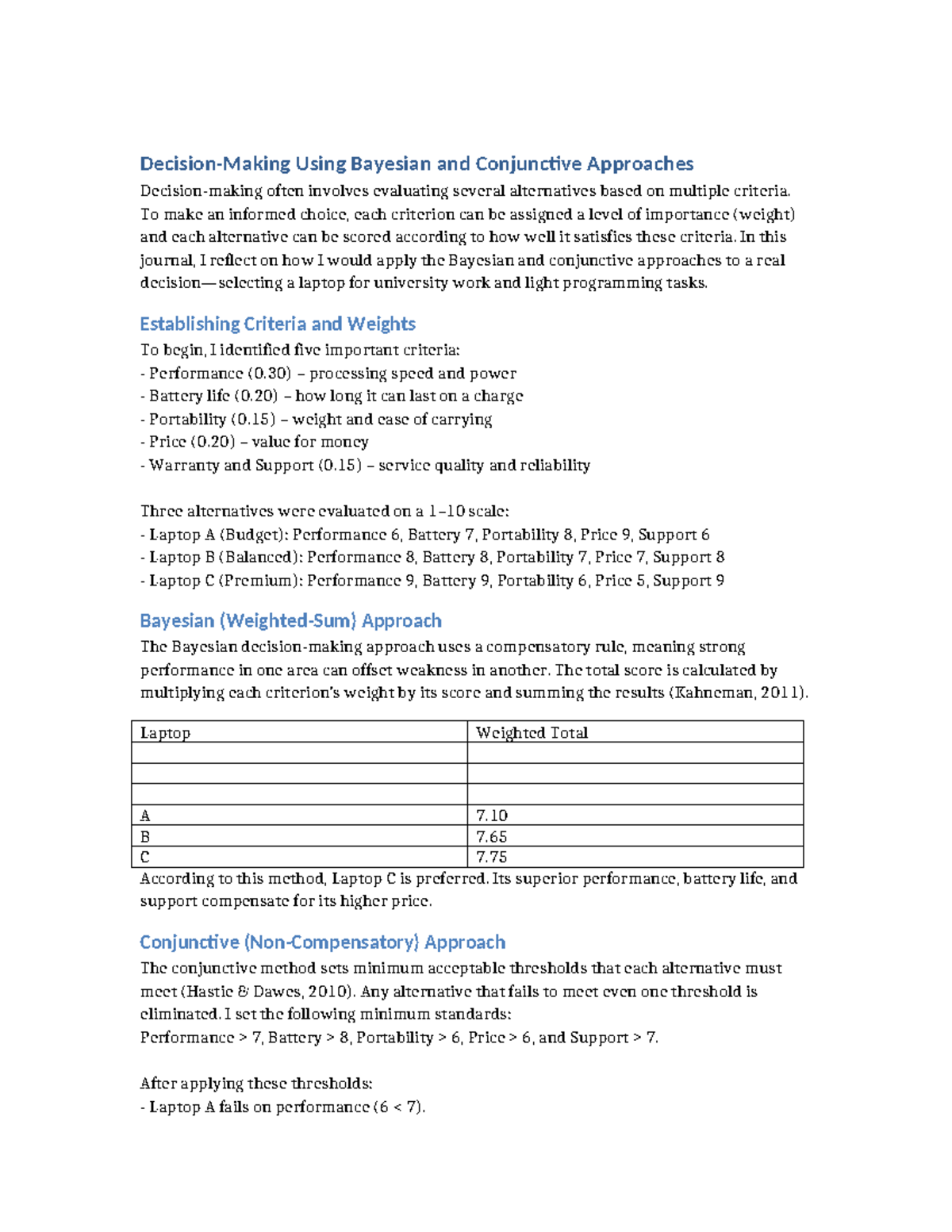 Using Bayesian & Conjunctive Approaches for Laptop Evaluation - Studocu