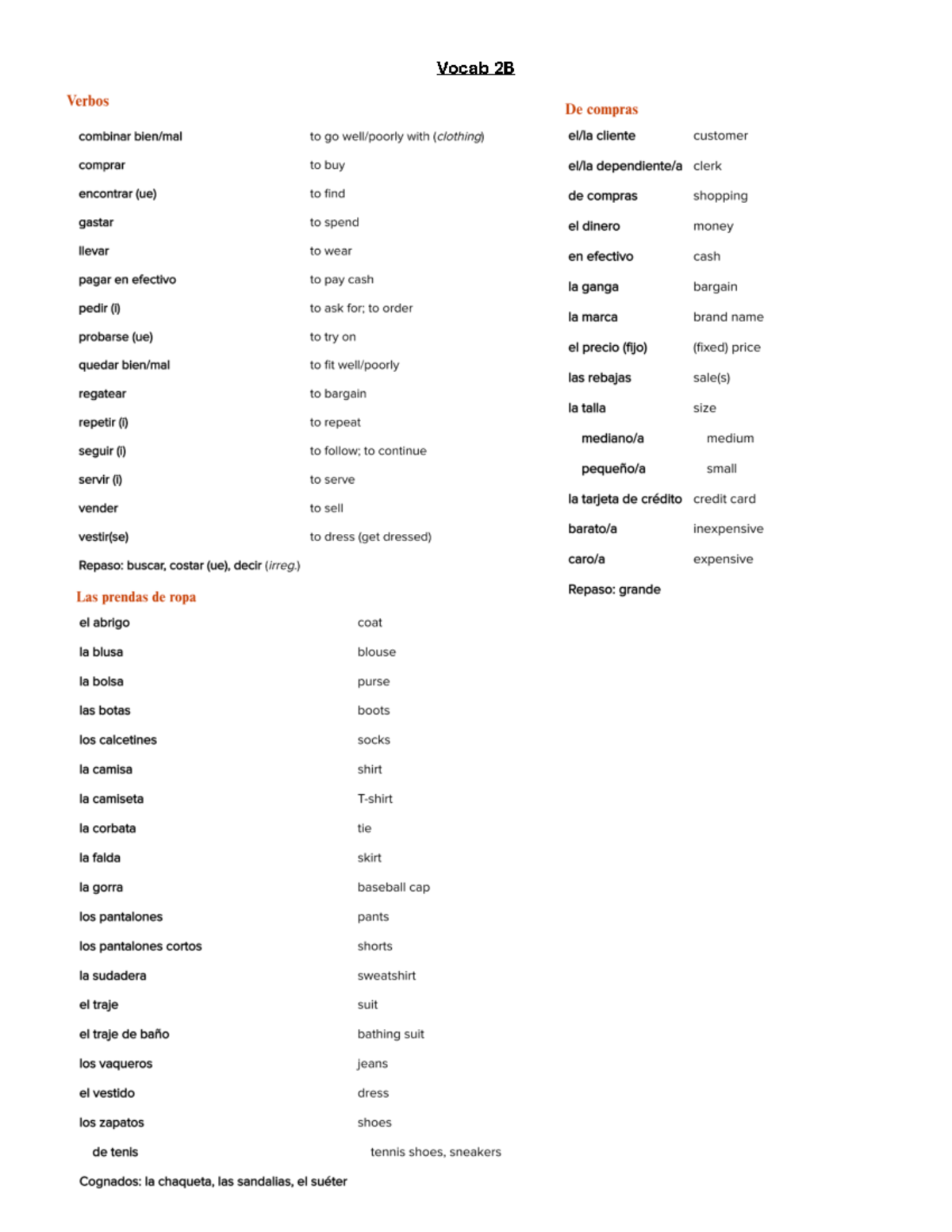 Vocab 2B Study Guide: Verbos De Compras y Prendas de Ropa - Studocu