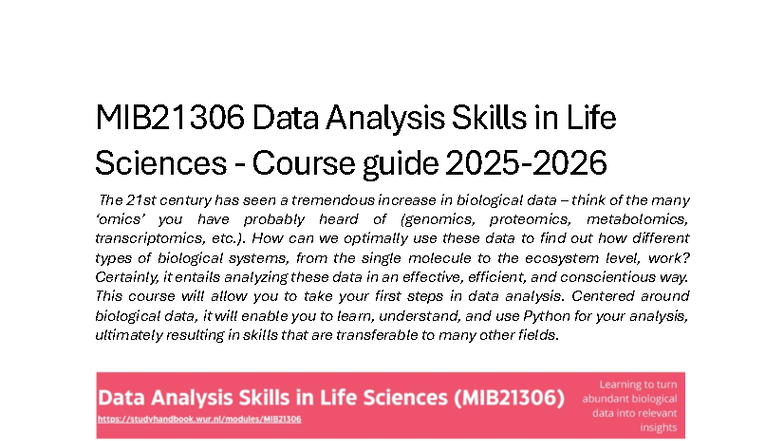 MIB21306 Data Analysis Skills in Life Sciences Course Guide - Studeersnel