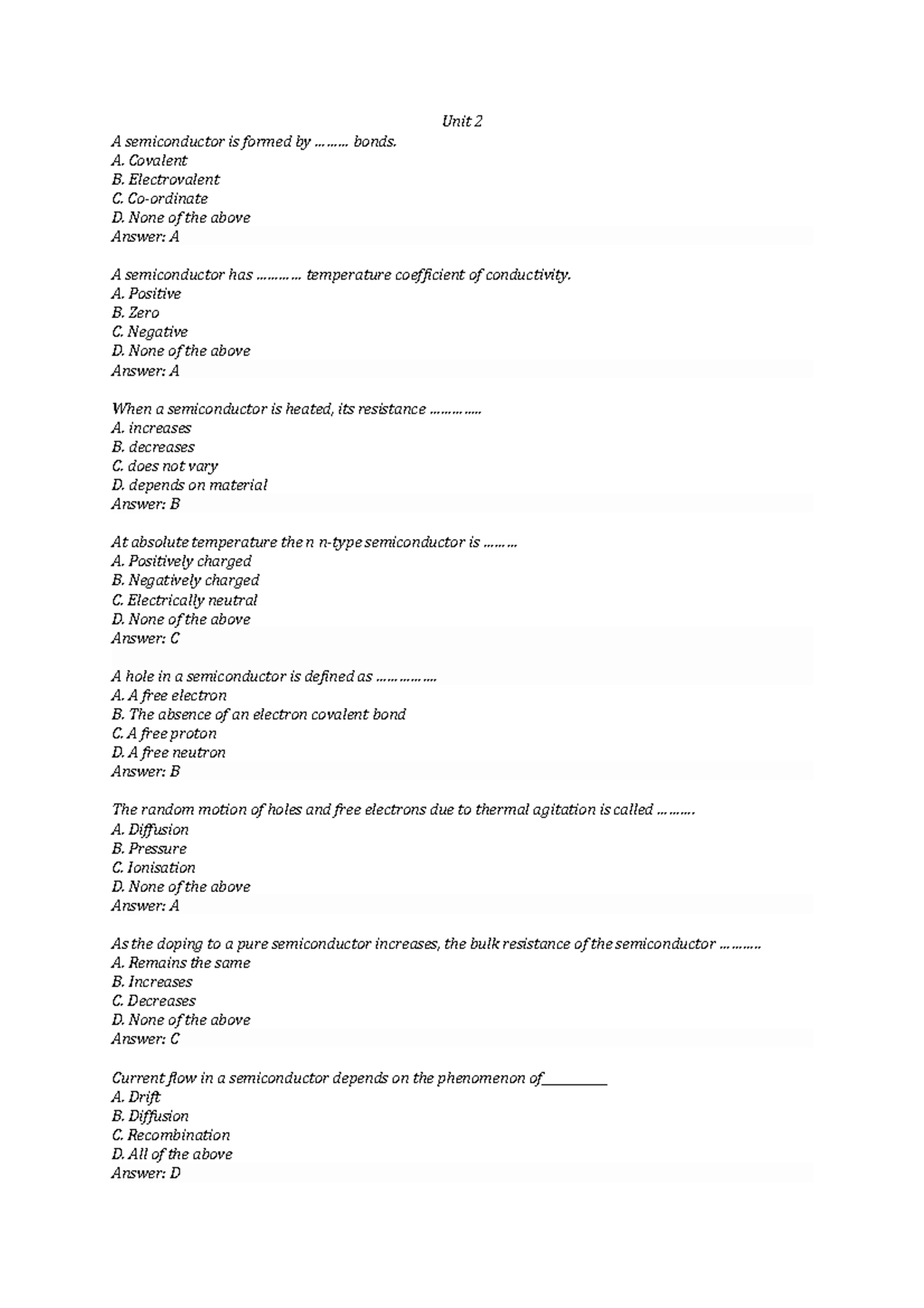 Unit 2 Mcqs Semiconductor Physics Concepts And Applications Studocu