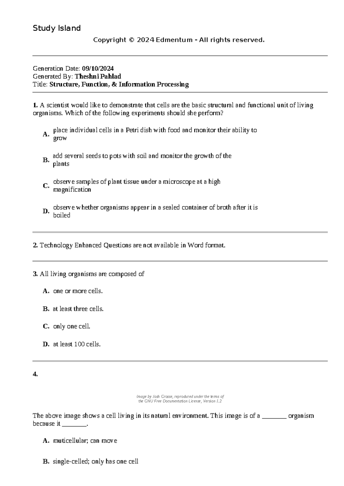 Study Island-2: Intro to Ecosystems - Cell Structure & Function - Studocu