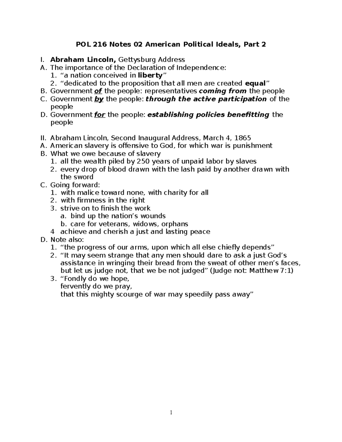 POL 216 Final Exam Notes: American Political Ideals & Key Speeches ...