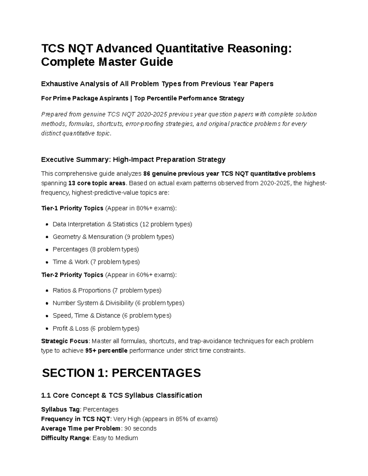 TCS NQT Quantitative Reasoning Master Guide: Strategies & Problem Types - Studocu