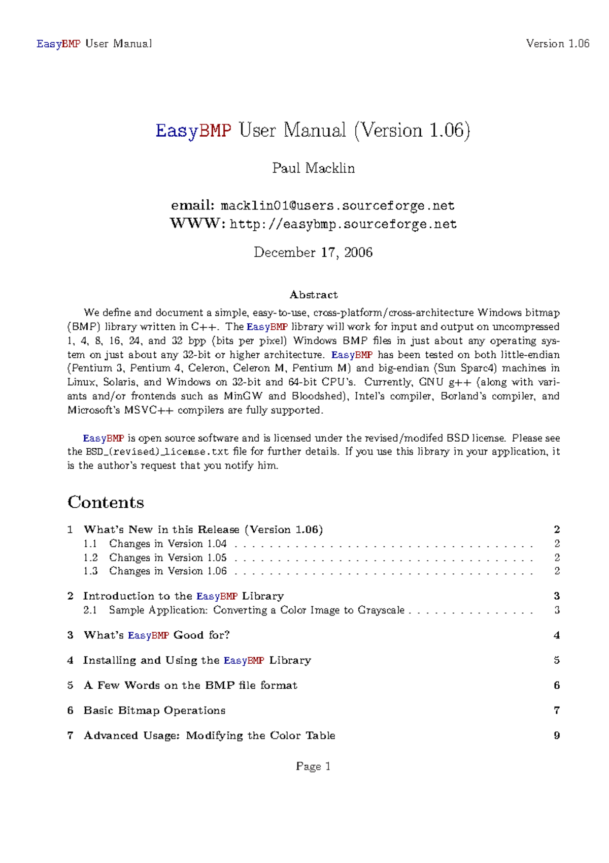 EasyBMP User Manual v1.06: Comprehensive Guide to BMP Library - Studocu
