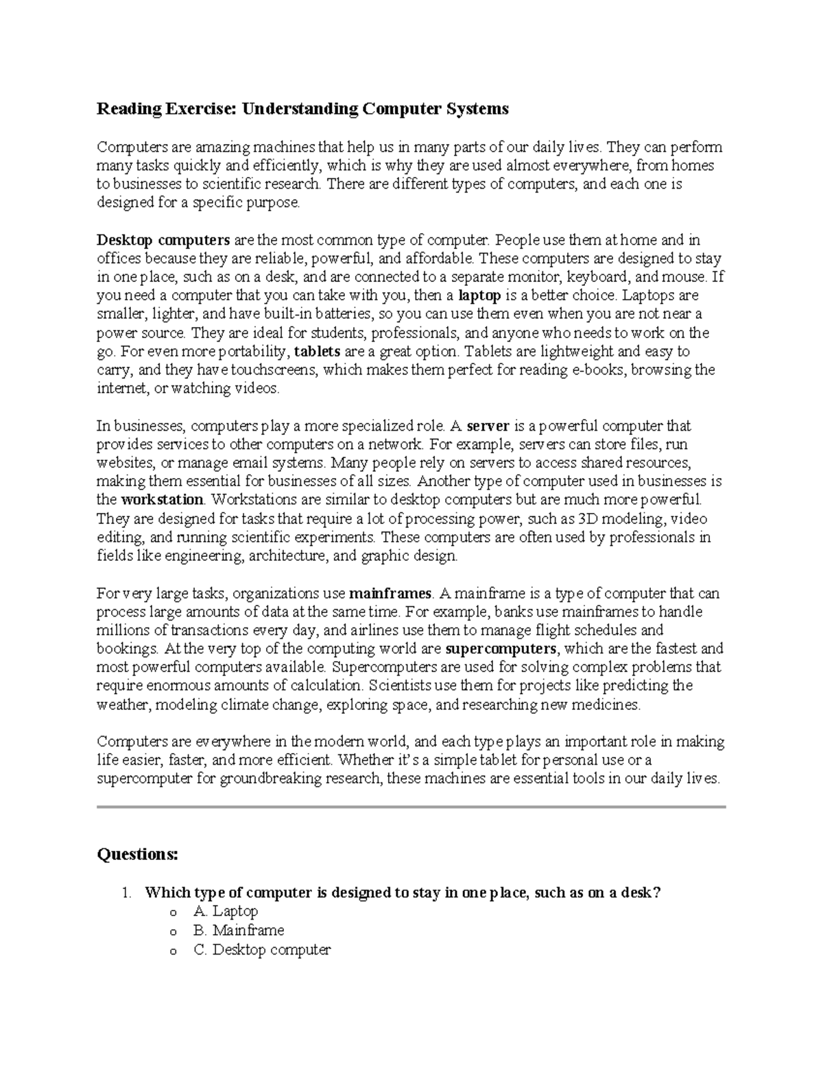 Unit 1 Reading Exercise: Understanding Computer Systems - Studocu