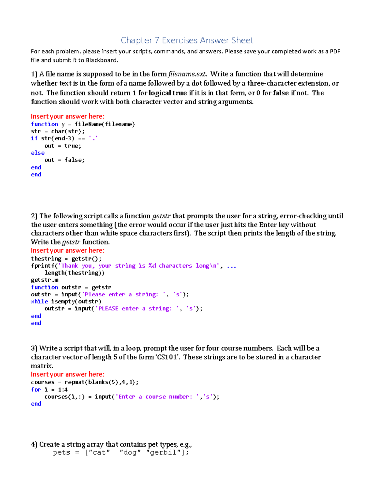 Chapter 7 Exercises - Chapter 7 Exercises Answer Sheet For each problem ...