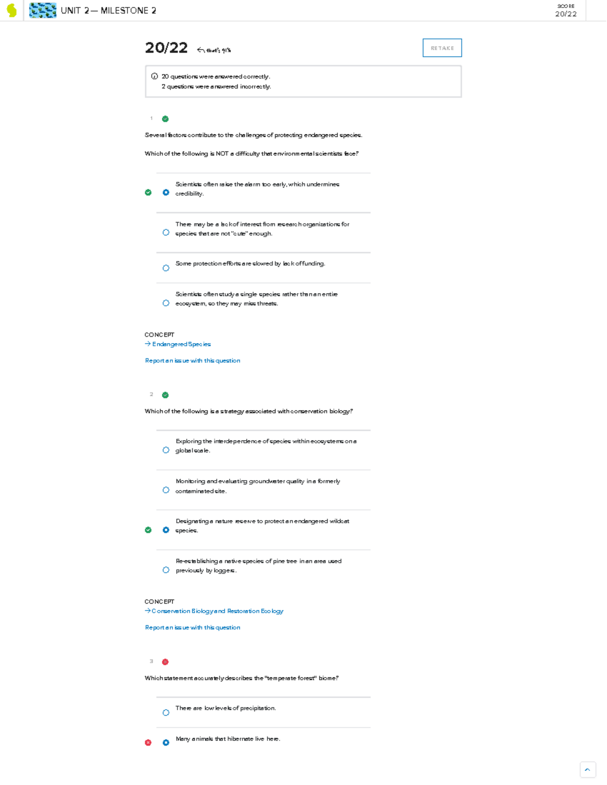 Milestone 2-20 out of 22 correct - 1 CONCEPT → Endangered Species 2 ...